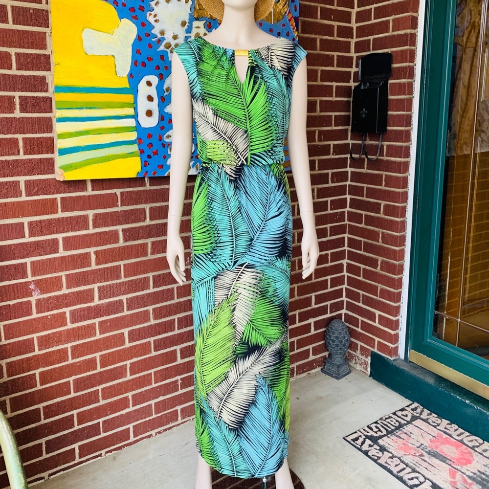 London Style Collection Palm Leaves Maxi Dress - Gem